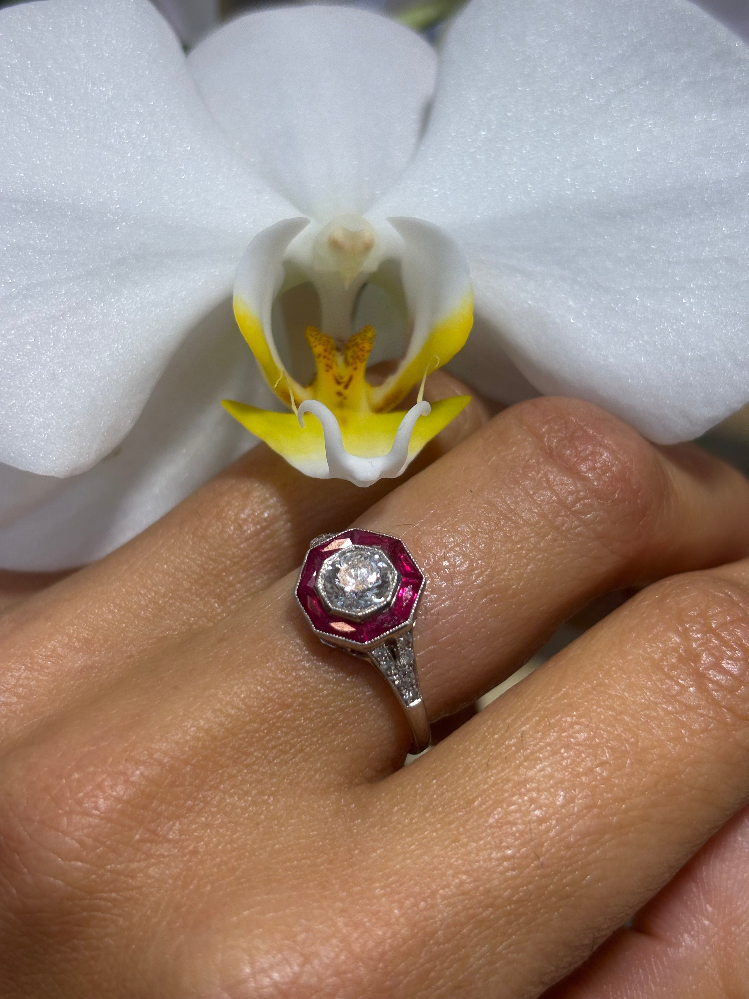 Platinum Ruby Diamond Art Deco Cocktail Ring - 1.00ct